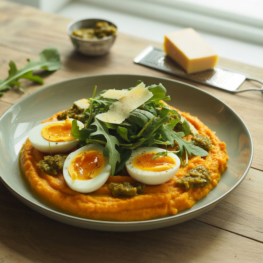 Recept: Pompoenpuree met zachtgekookt ei, oude kaas, rucola & pesto ...